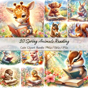 Cute Spring Animals Reading Clipart Bundle, Watercolor Clip Art Images ...