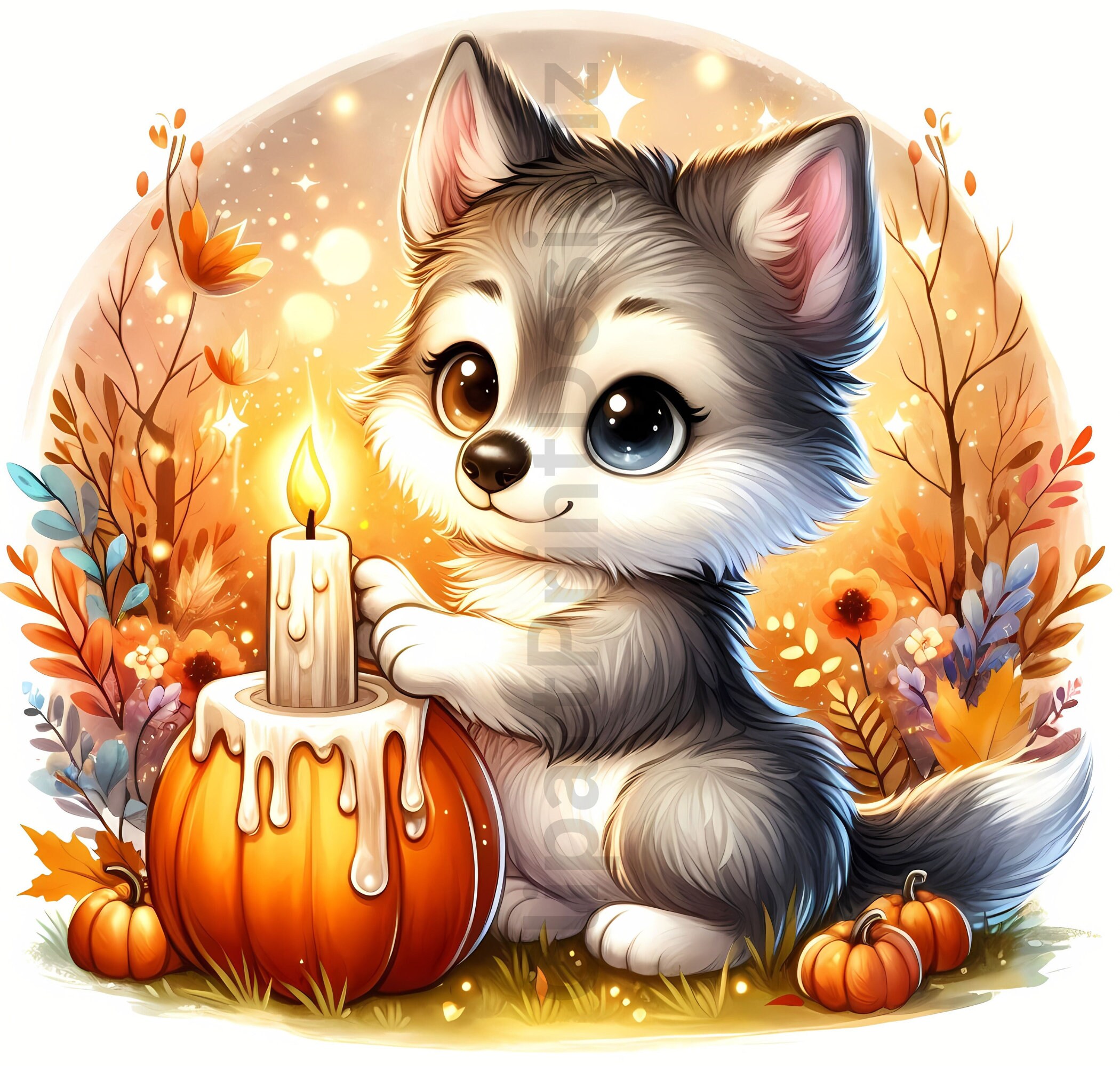 Cute Fall Wolves Clipart Bundle, Watercolor Autumn Wolf Clip Art Images ...