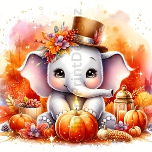 Cute Fall Elephants Clipart Bundle, Watercolor Elephant Clip Art Images ...