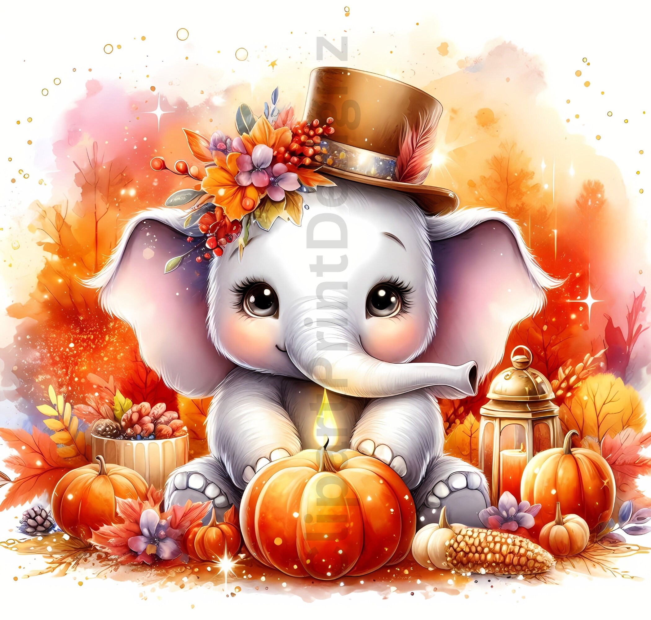 Cute Fall Elephants Clipart Bundle, Watercolor Elephant Clip Art Images ...
