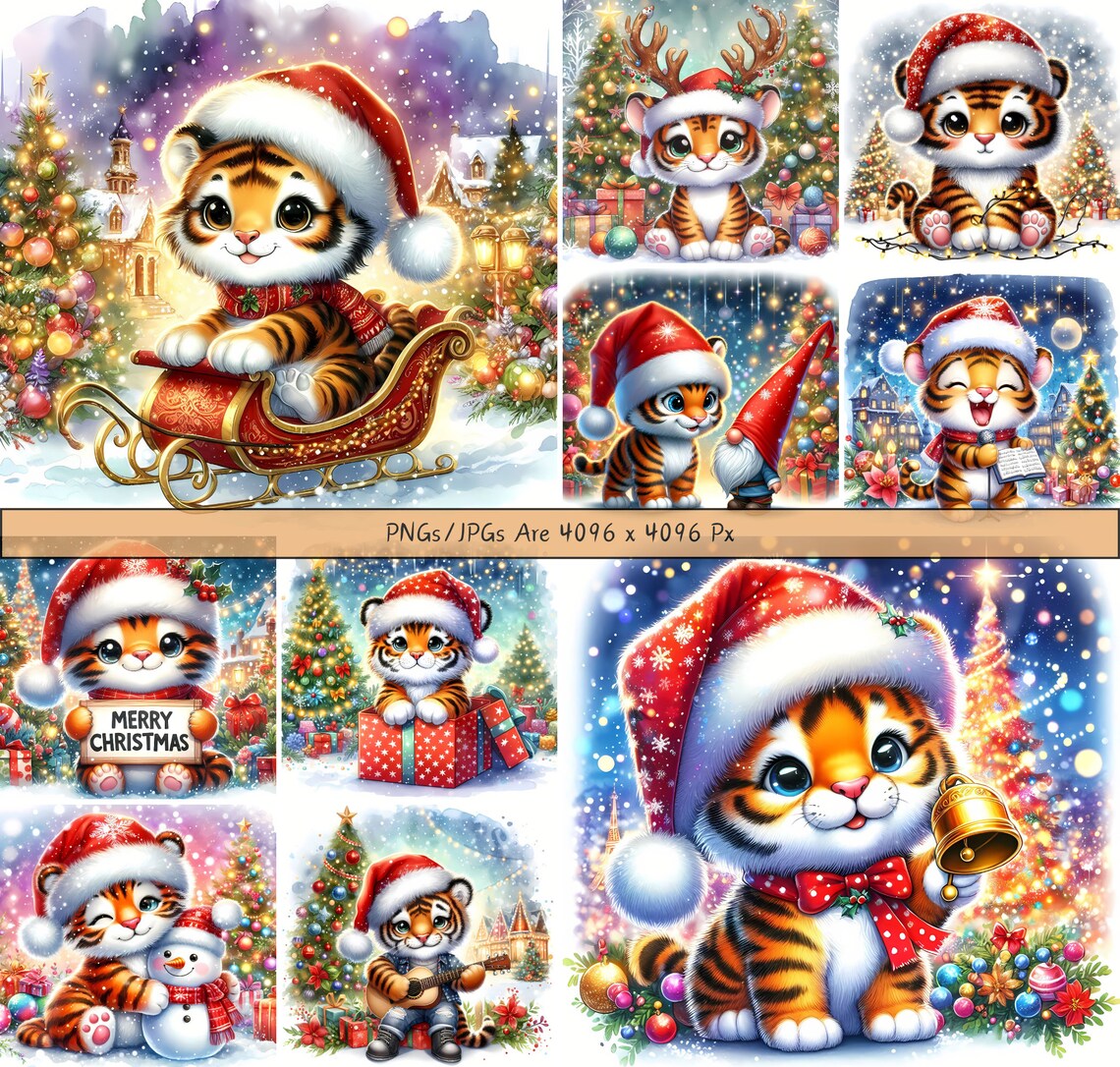 Cute Christmas Tigers Clipart Bundle, Xmas Tiger Clip Art Images ...