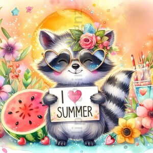 Cute Summer Raccoons Clipart Bundle, Watercolor Raccoon Clip Art Images ...