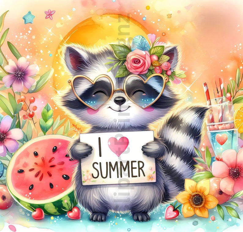 Cute Summer Raccoons Clipart Bundle, Watercolor Raccoon Clip Art Images ...