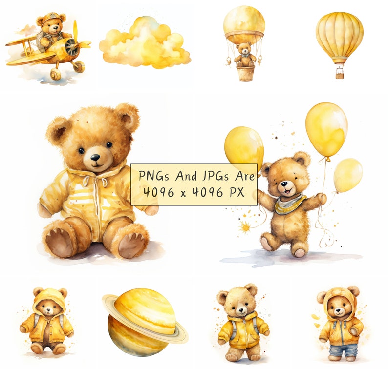 20 Watercolor Yellow Teddy Bear Clipart, Cute Teddy Bear Bundle ...