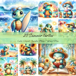 Cute Summer Turtles Clipart Bundle, Watercolor Turtle Clip Art Images ...