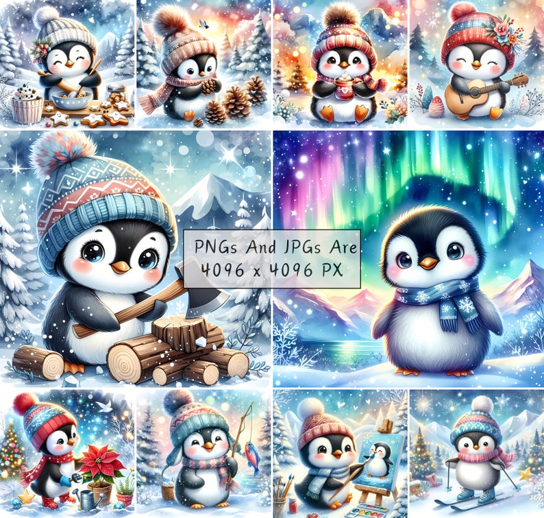 Cute Winter Penguin Clipart Bundle, Watercolor Clip Art Images, 20 High ...