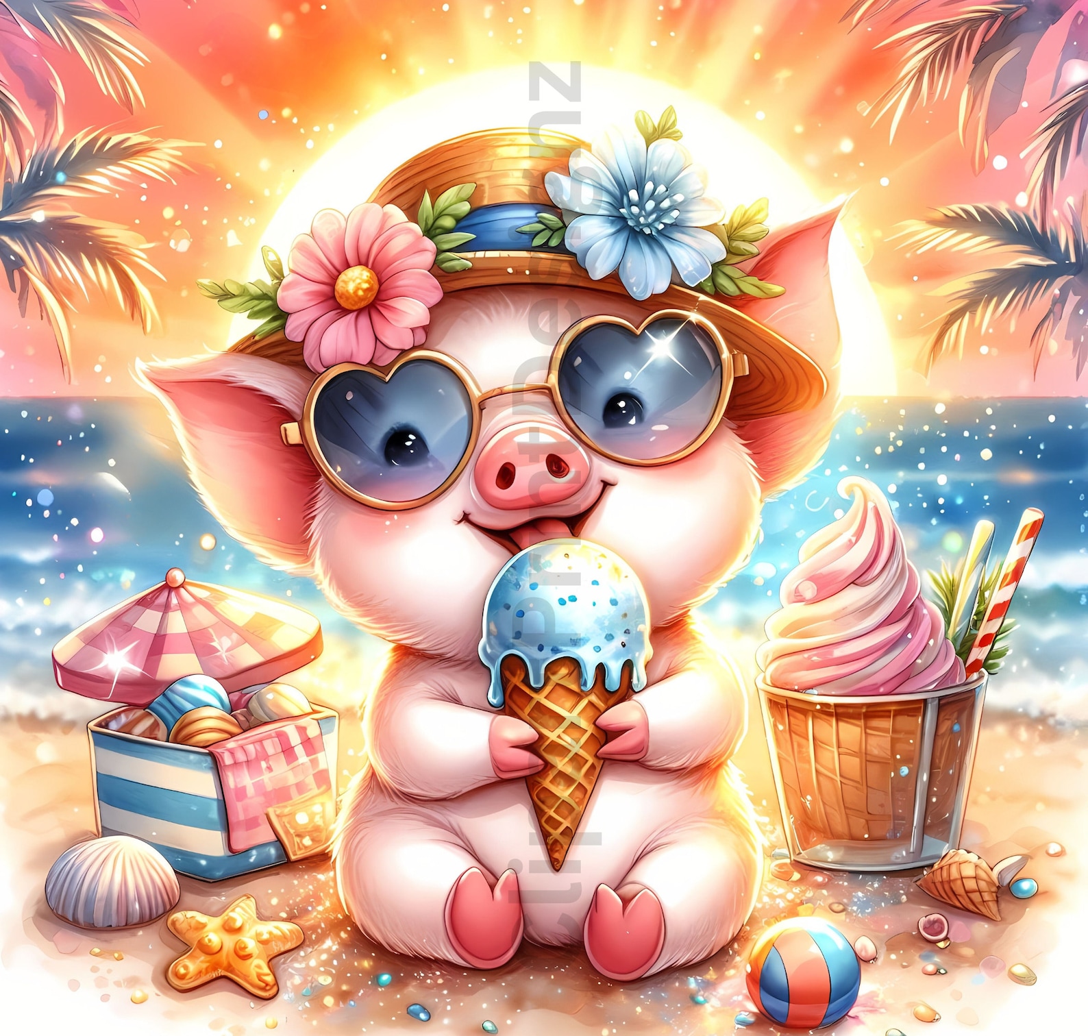 Cute Summer Pigs Clipart Bundle, Watercolor Pig Clip Art Images, High ...