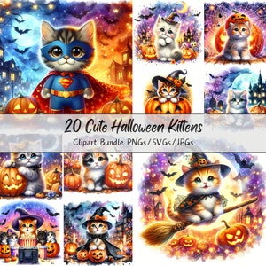 Cute Halloween Kittens Clipart Bundle, Watercolor Kitten Clip Art ...