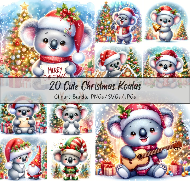 Cute Christmas Koalas Clipart Bundle, Xmas Koala Clip Art Images ...