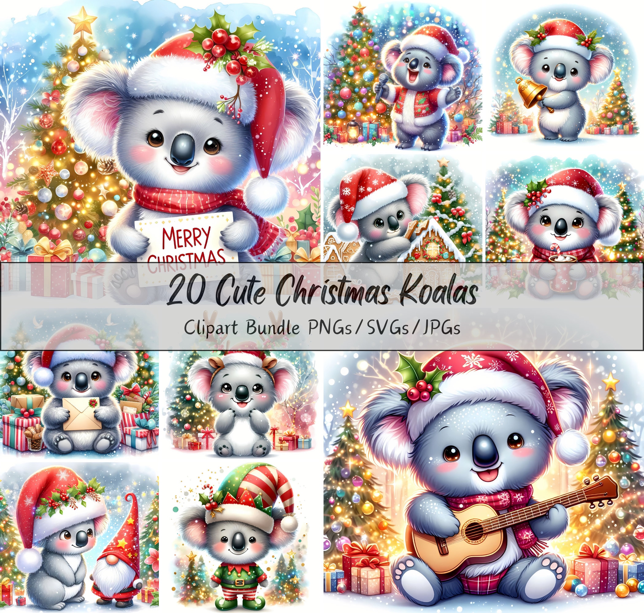 Cute Christmas Koalas Clipart Bundle, Xmas Koala Clip Art Images ...