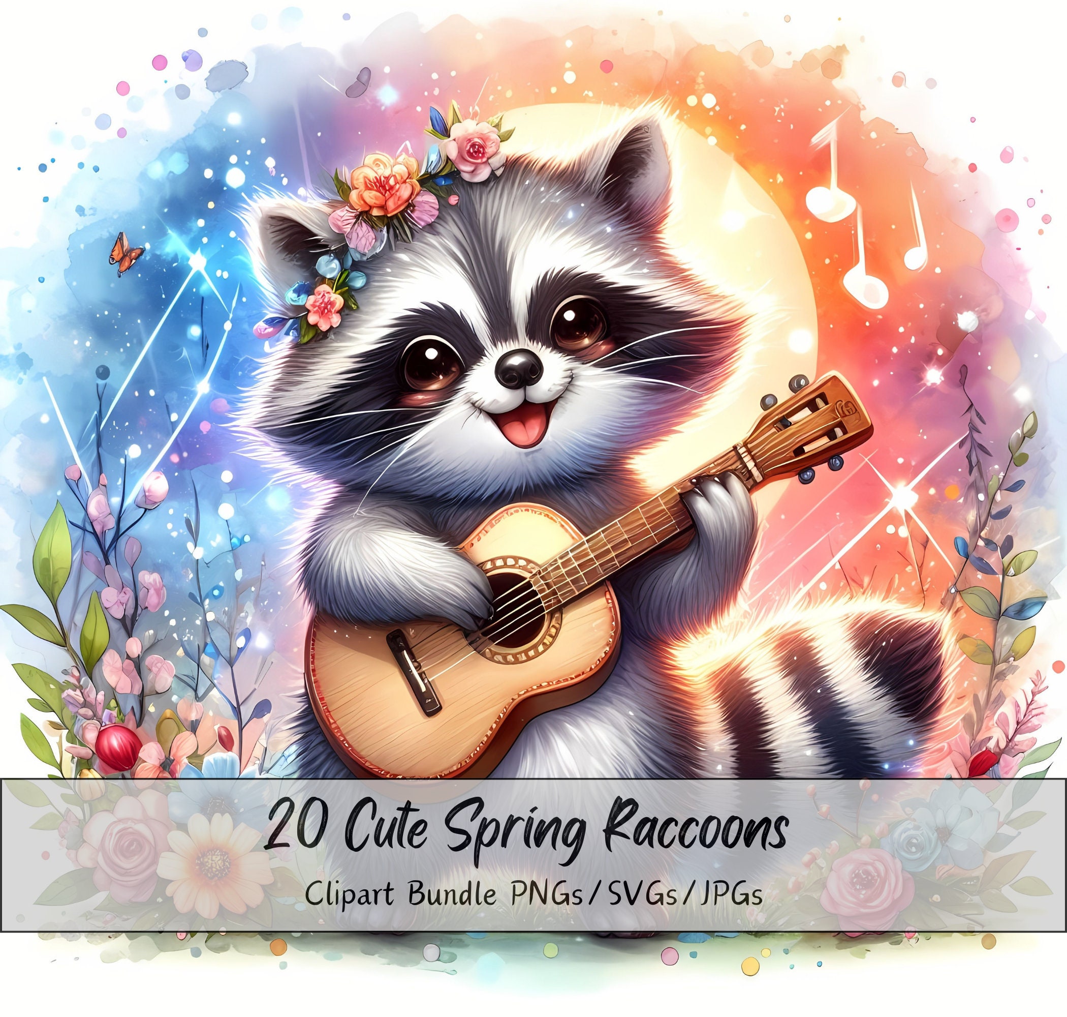 Cute Spring Raccoons Clipart Bundle, Watercolor Clip Art Images, 20 ...