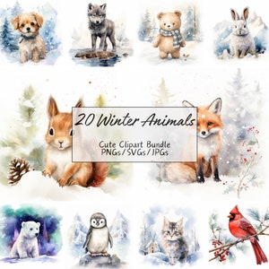 20 Cute Baby Winter Animals Clipart Bundle, Watercolor Animals, Digital ...