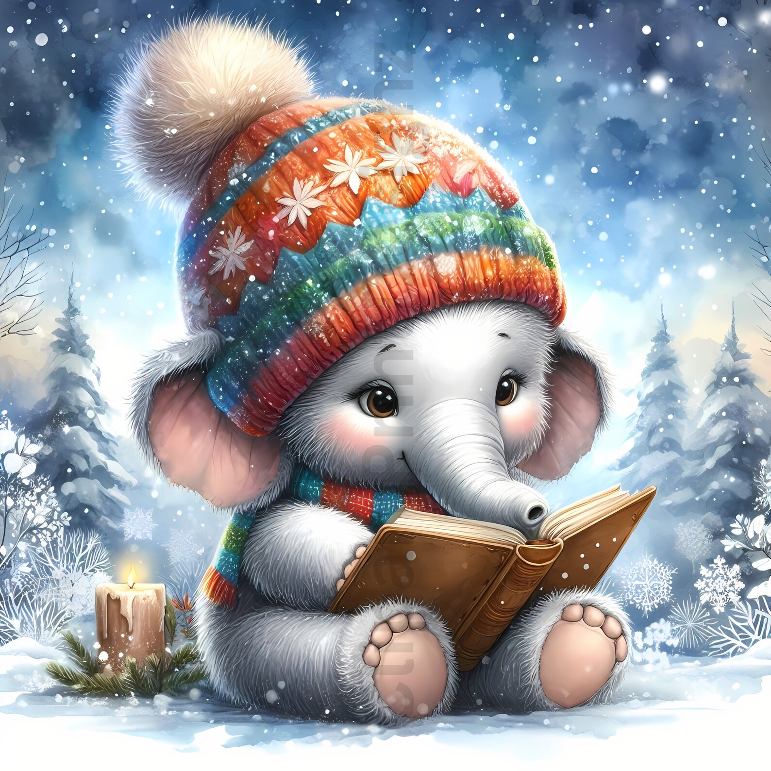 Cute Winter Elephant Clipart Bundle, Festive Watercolor Clip Art Images ...