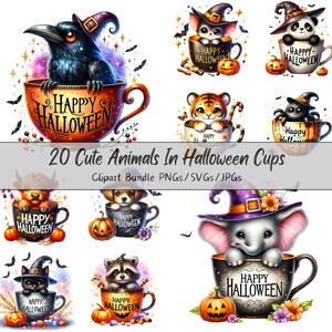Cute Animals in Halloween Cupcakes, Clipart Bundle, Watercolor Clip Art ...