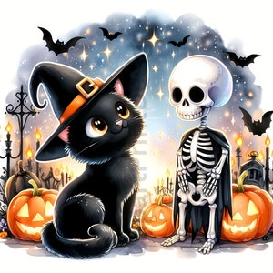 Cute Halloween Black Cats Clipart Bundle, Watercolor Cat Clip Art ...