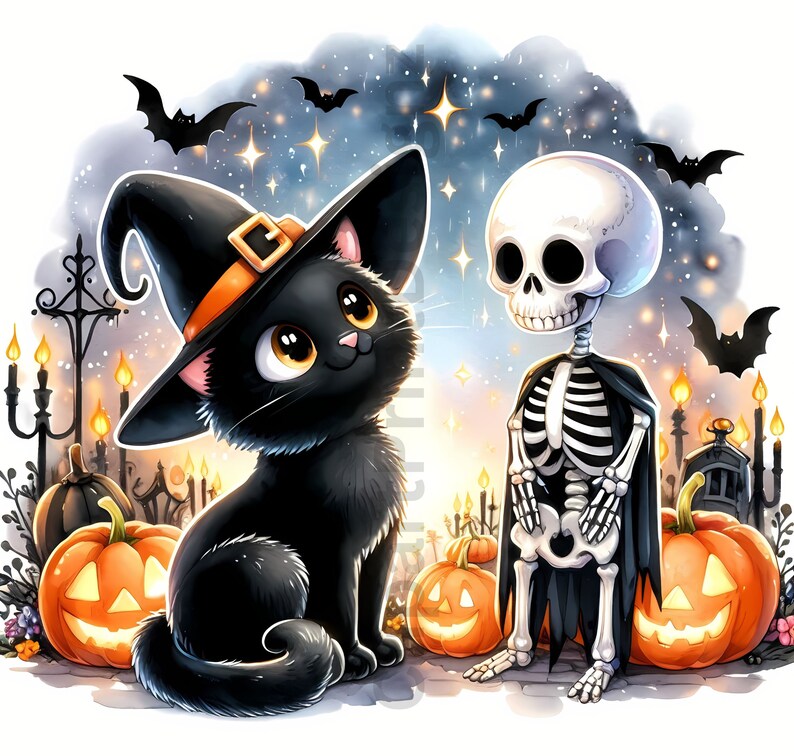 Cute Halloween Black Cats Clipart Bundle, Watercolor Cat Clip Art ...