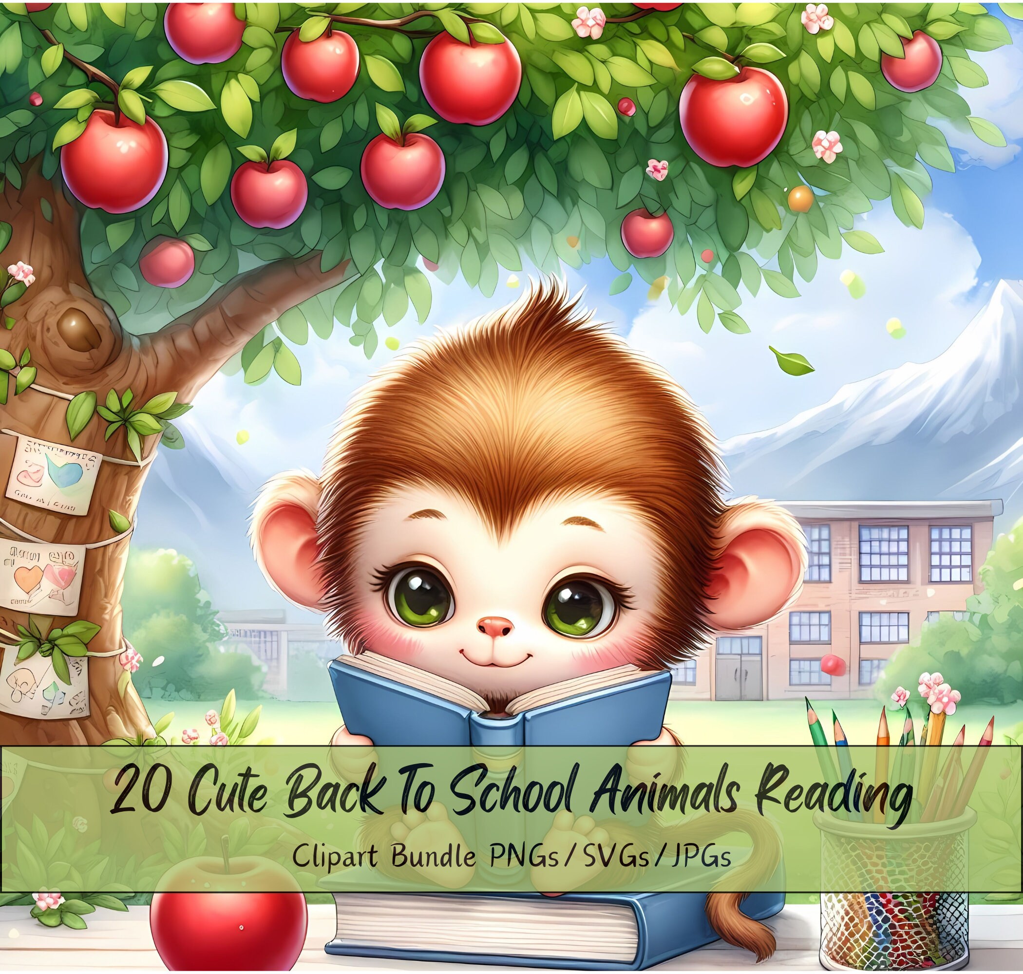 Cute Back to School Animals Reading Clipart Bundle, Watercolor Animal ...