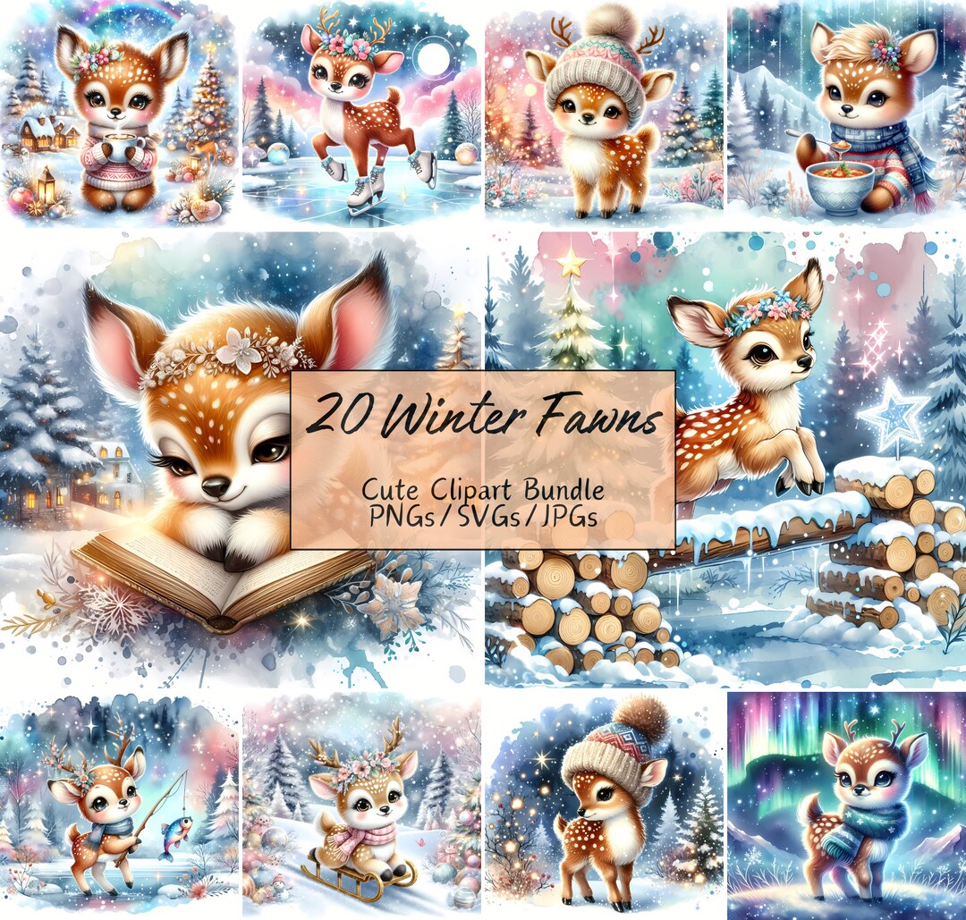 Cute Winter Fawn Clipart Bundle, Festive Watercolor Clip Art Images, 20 ...
