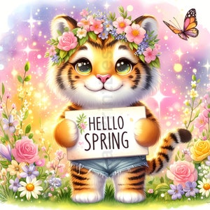 Cute Spring Tigers Clipart Bundle, Watercolor Clip Art Images, High ...