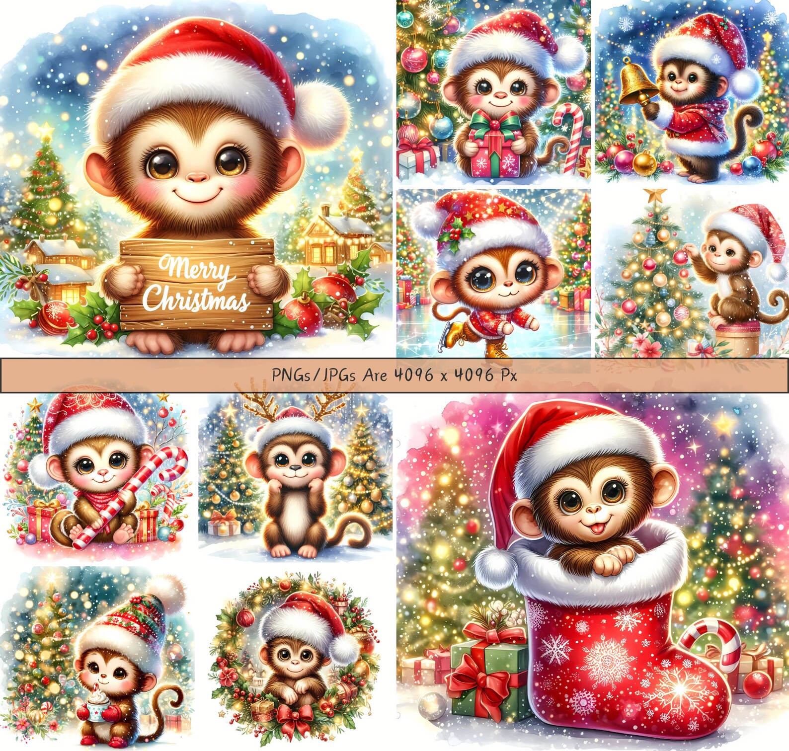 Cute Christmas Monkeys Clipart Bundle, Xmas Monkey Clip Art Images ...