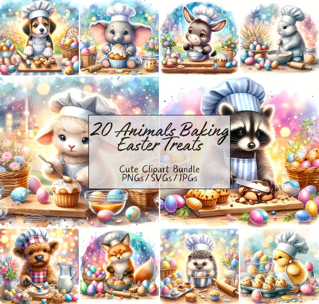 Cute Animals Baking Easter Treats Clipart, High Quality Watercolor ...
