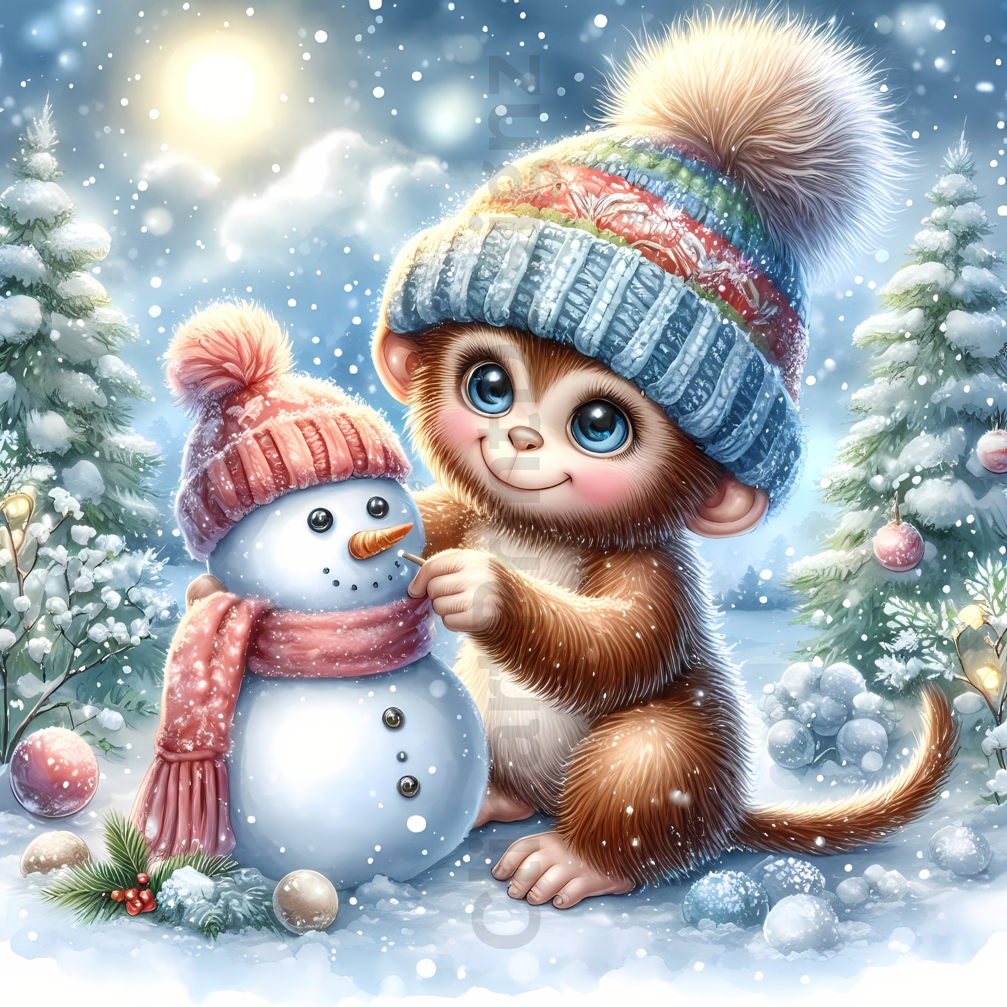 Cute Winter Monkey Clipart Bundle, Festive Watercolor Clip Art Images ...