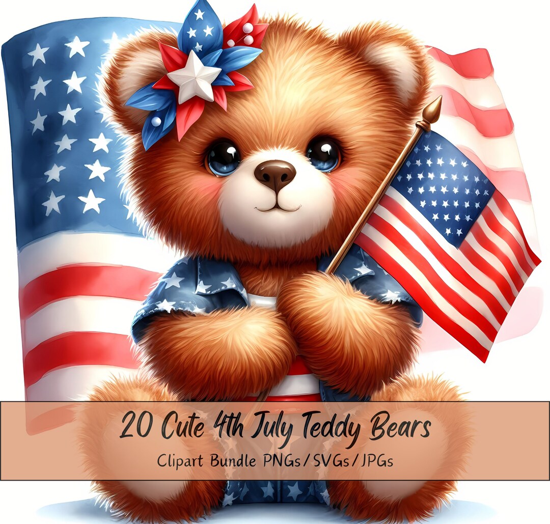 Cute 4th July Teddy Bears Clipart Bundle, Watercolor Patriotic Files ...