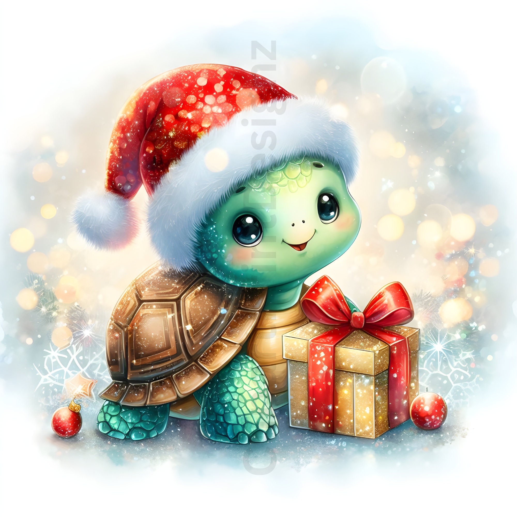 Cute Watercolor Christmas Turtles Clipart Bundle, Animals, 20 High ...