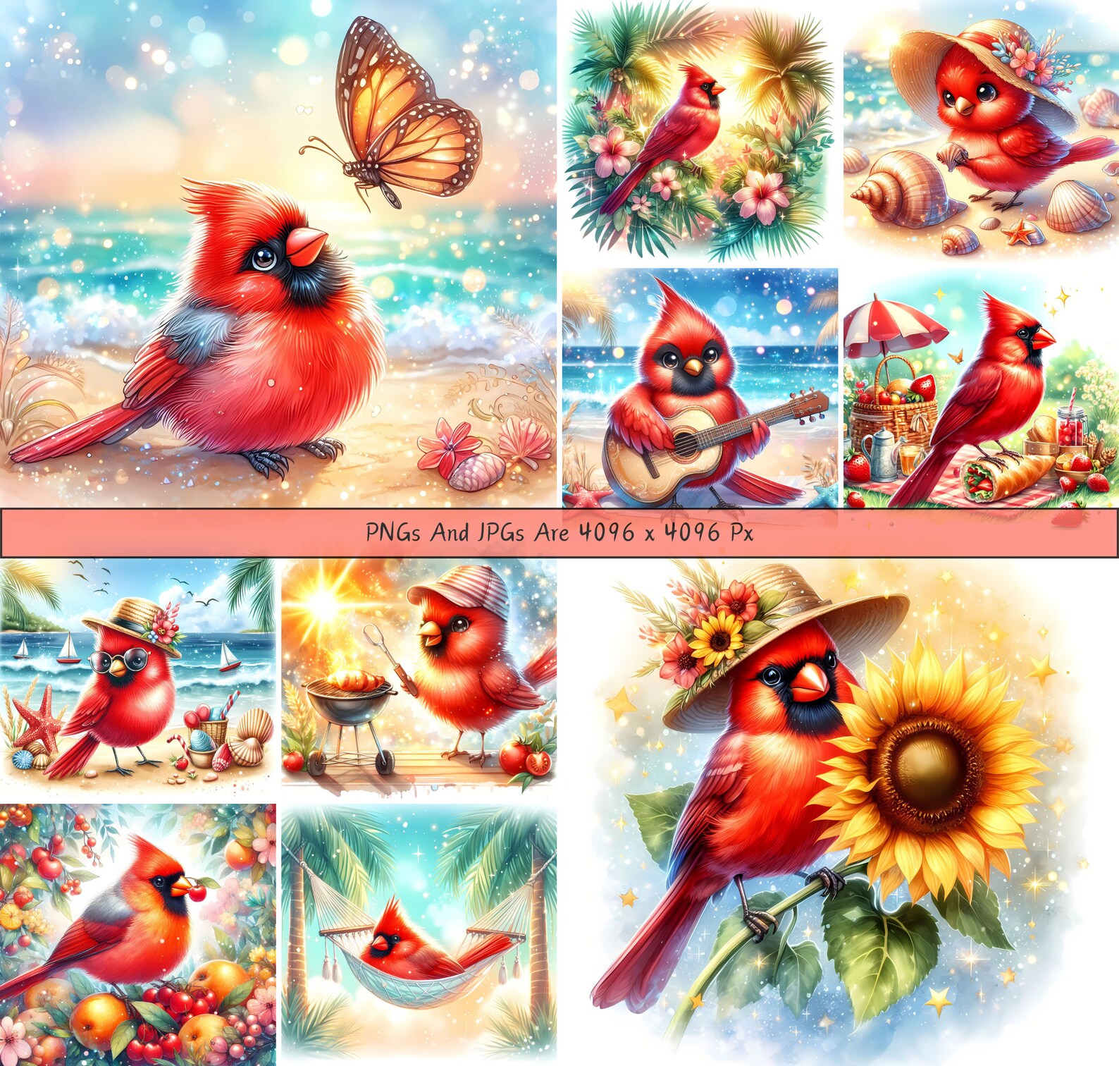 Cute Summer Red Cardinals Clipart Bundle, Watercolor Red Cardinal Clip ...