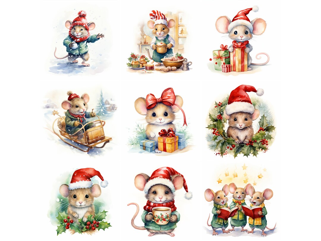 Cute Watercolor Christmas Mice, 32 Christmas Mice, Winter Mouse Clipart ...