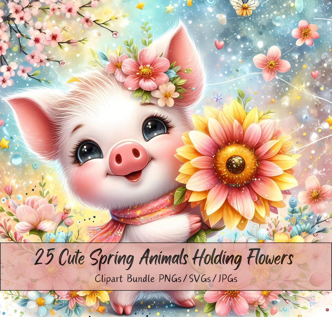 Cute Spring Animals and Spring Flowers Clipart Bundle, Watercolor Clip ...