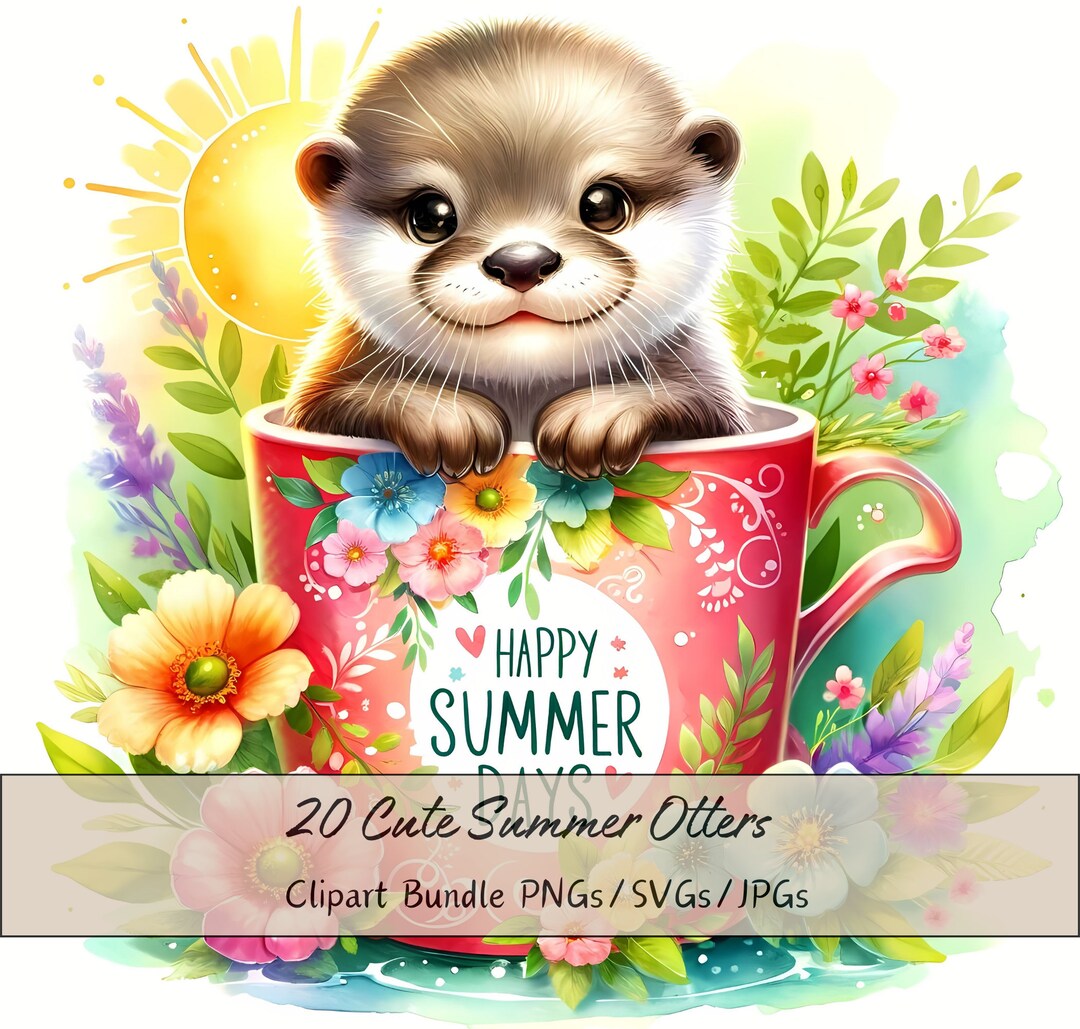 Cute Summer Otters Clipart Bundle, Watercolor Otter Clip Art Images ...