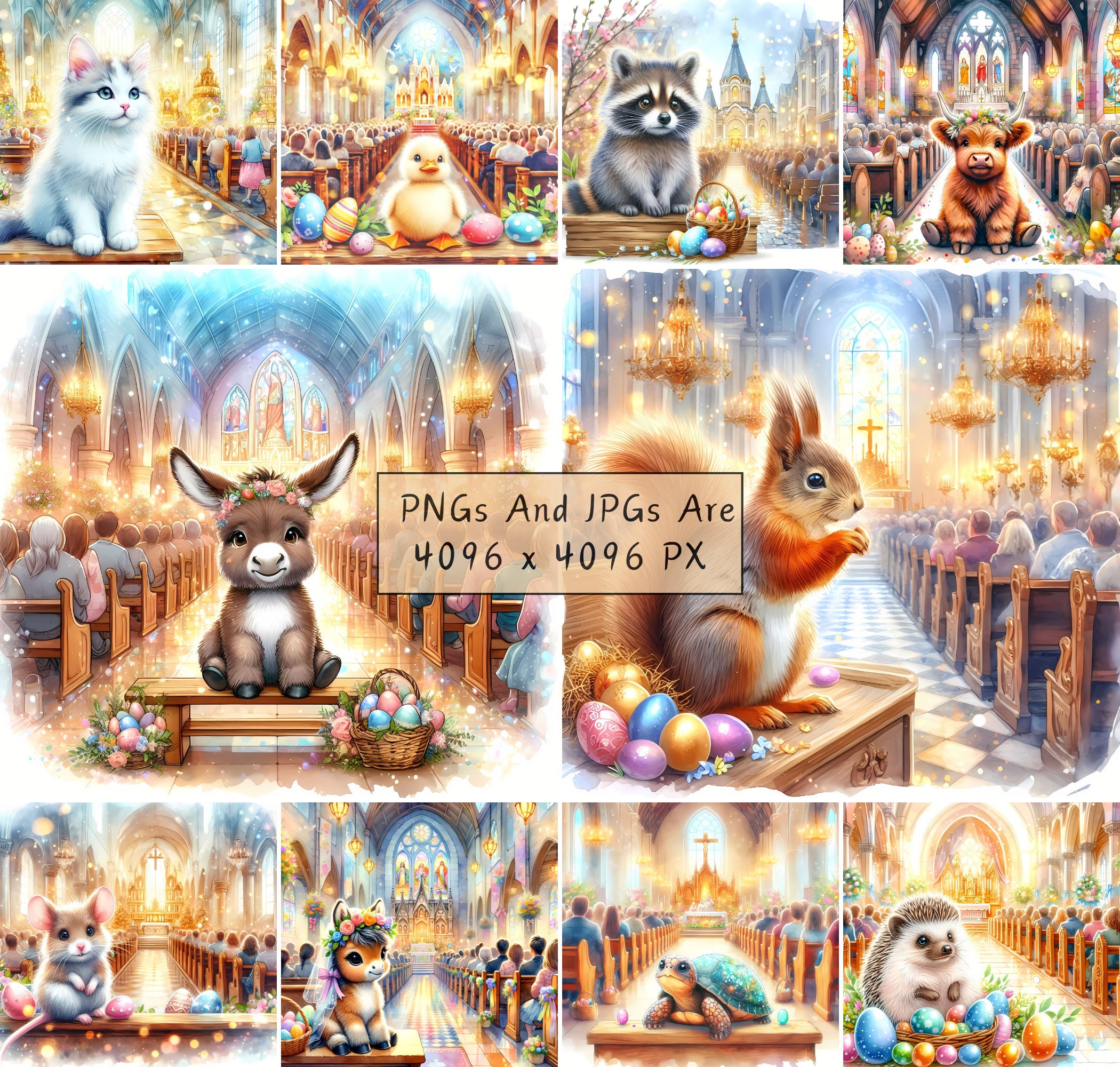 Cute Animals in Easter Churches Clipart, High Quality Watercolor Animal ...