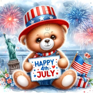 Cute 4th July Teddy Bears Clipart Bundle, Watercolor Patriotic Files ...
