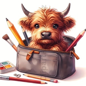 Cute Back to School Highland Cows Clipart Bundle, Watercolor Cow Clip ...