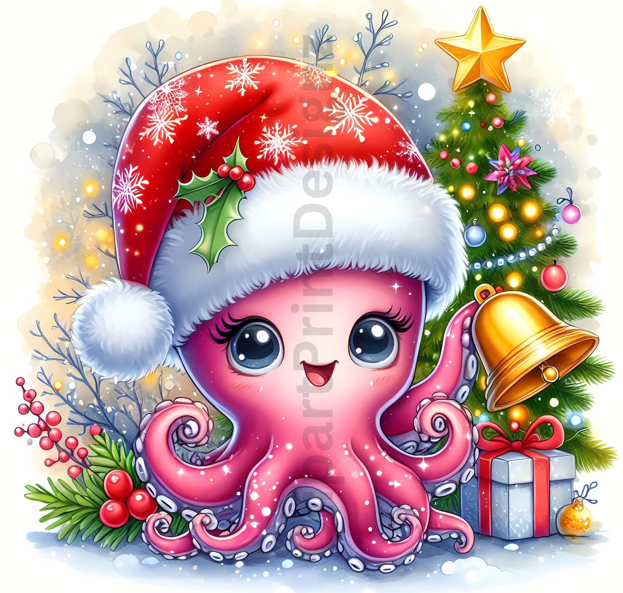 Cute Christmas Octopuses Clipart Bundle, Xmas Octopus Clip Art Images ...