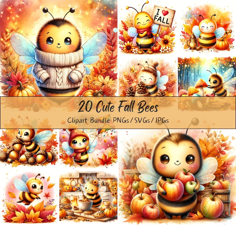 Cute Fall Bees Clipart Bundle, Watercolor Bee Clip Art Images, High ...
