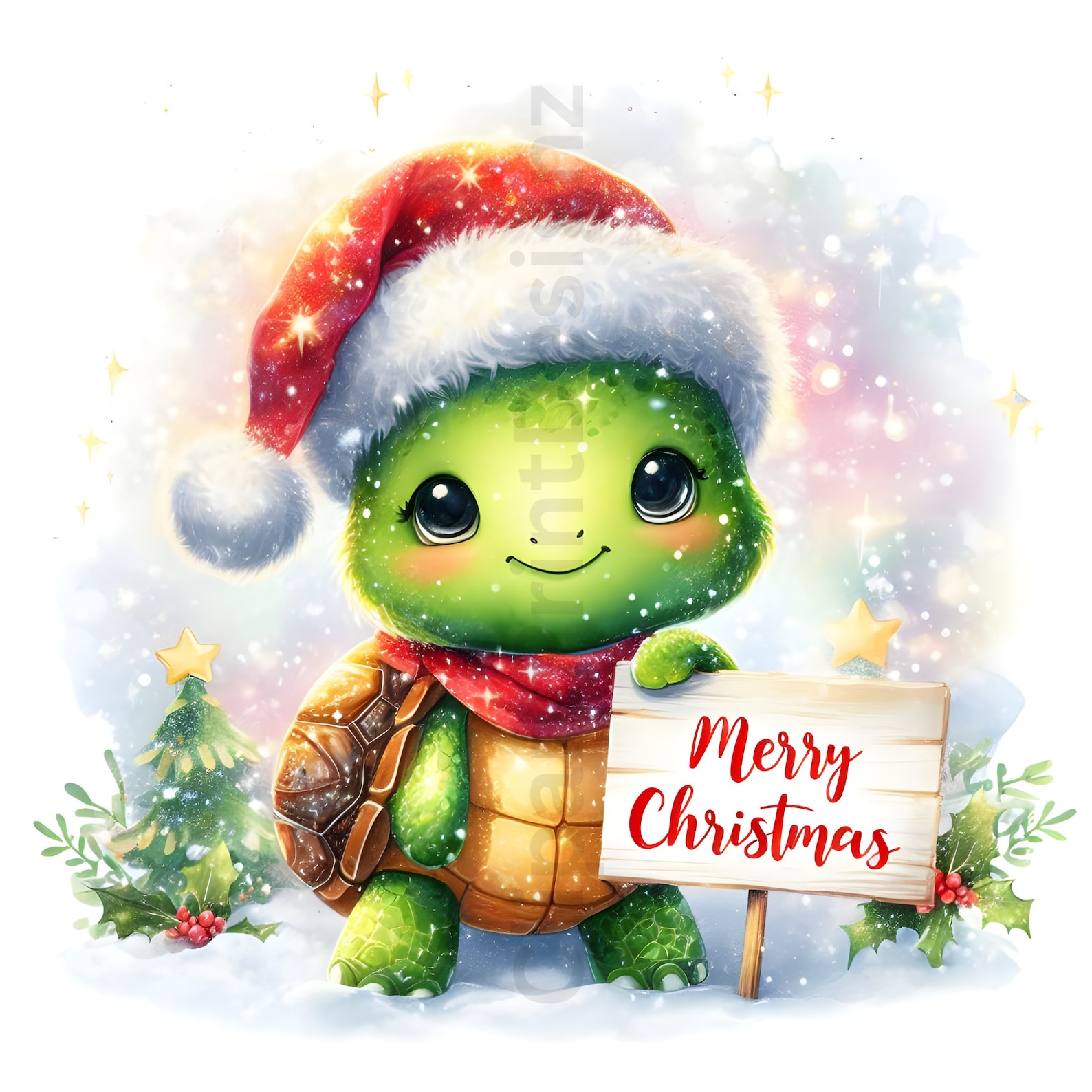Cute Watercolor Christmas Turtles Clipart Bundle, Animals, 20 High ...