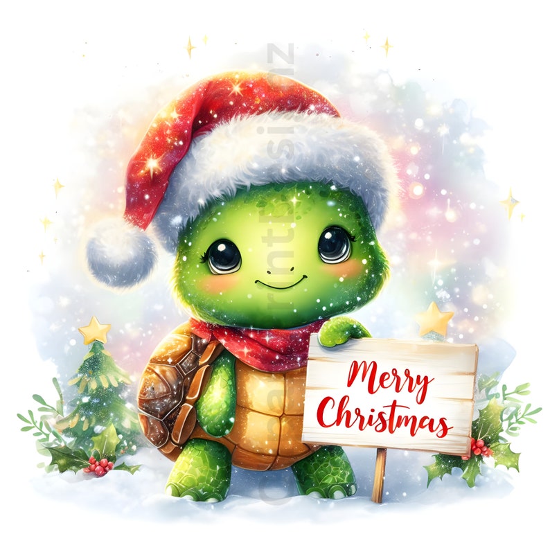 Cute Watercolor Christmas Turtles Clipart Bundle, Animals, 20 High ...