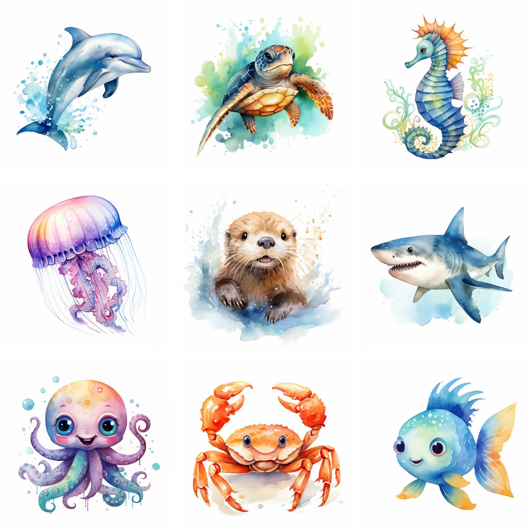 Watercolor Ocean Animals Clipart Bundle 20 Cute Sea Animals - Etsy