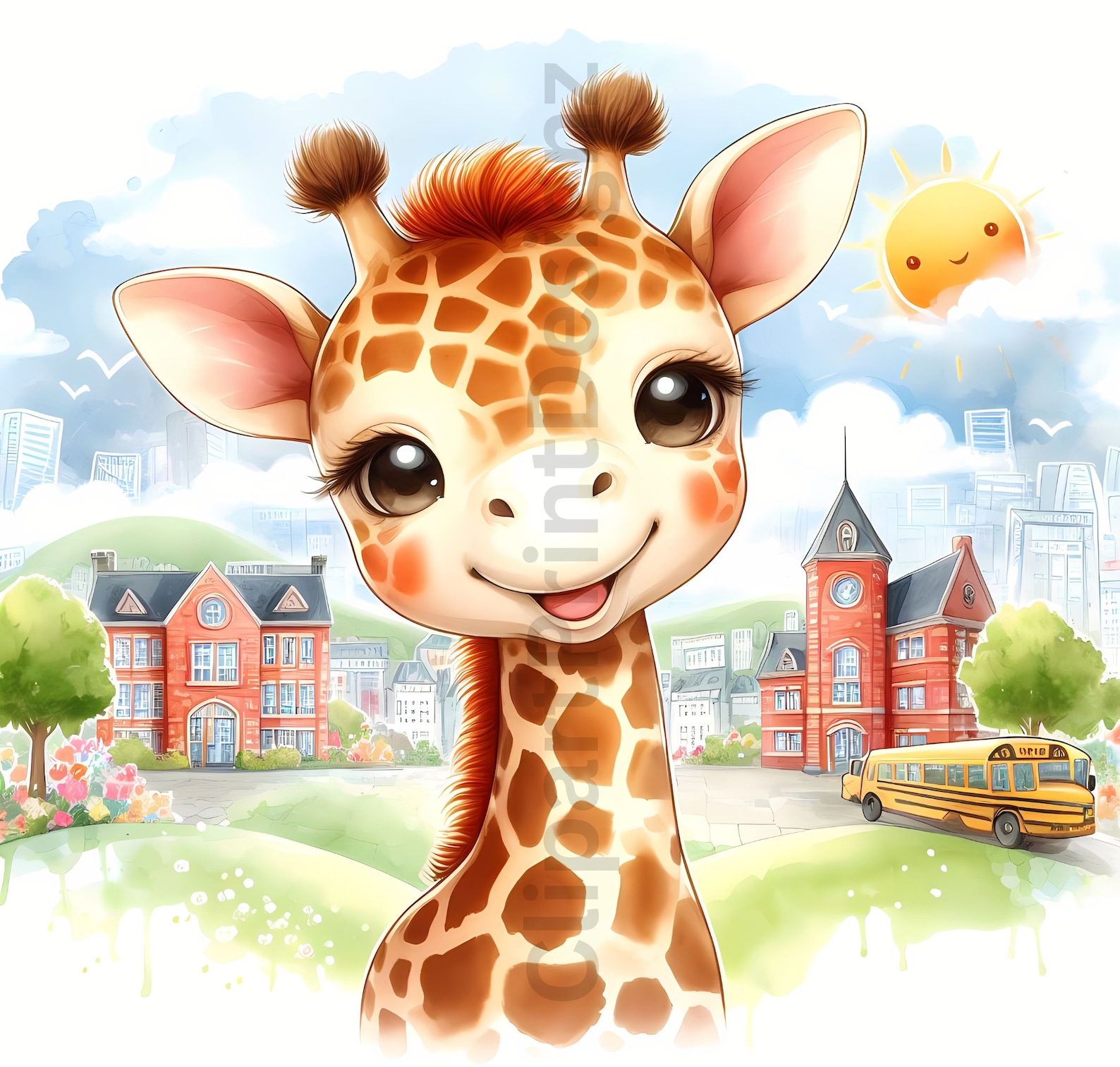 Cute Back to School Giraffes Clipart Bundle, Watercolor Giraffe Clip ...