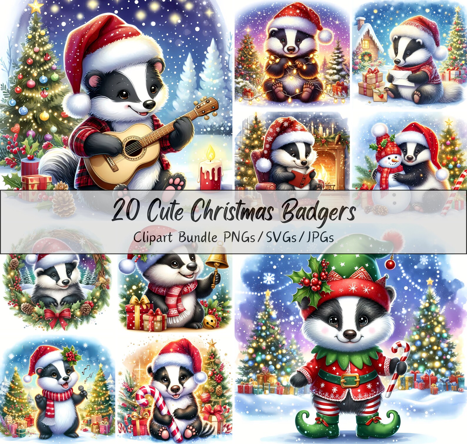 Cute Christmas Badgers Clipart Bundle, Xmas Badger Clip Art Images ...
