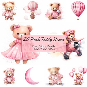 Pink Watercolor Teddy Bear Clipart Bundle, Cute Baby Shower Clipart ...