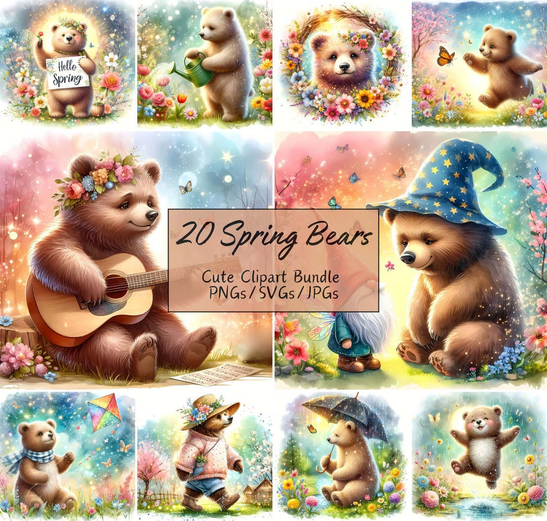 Cute Spring Bears Clipart, Funny Watercolor Animal Images, High Quality ...