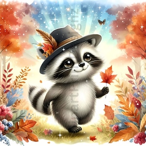 Cute Fall Raccoons Clipart Bundle, Watercolor Autumn Raccoon Clip Art ...