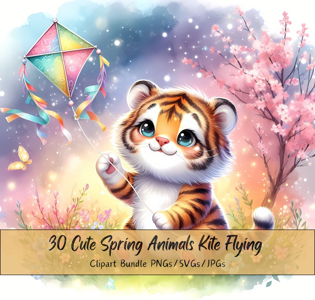 Cute Spring Animals Kite Flying Clipart Bundle, Watercolor Clip Art ...