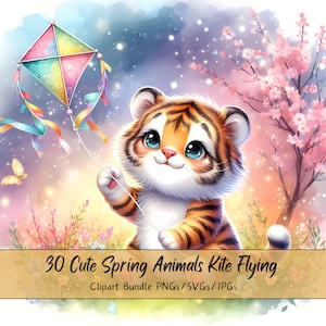 Cute Spring Animals Kite Flying Clipart Bundle, Watercolor Clip Art ...