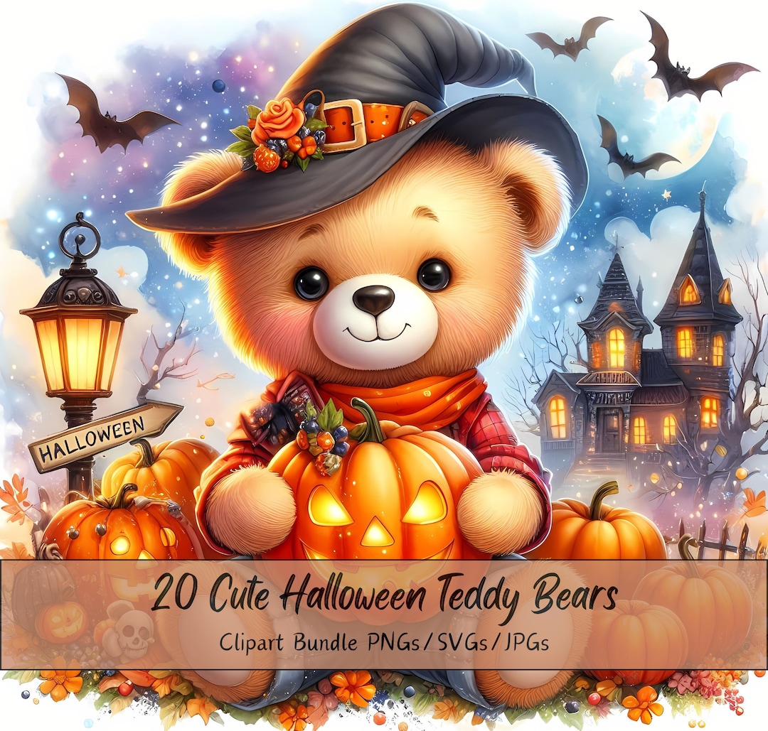 Cute Halloween Teddy Bears Clipart Bundle, Watercolor Bear Clip Art ...