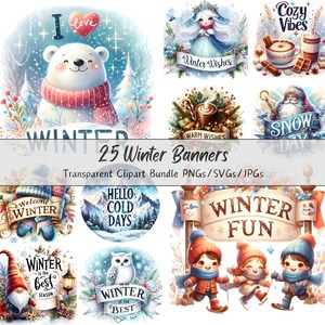 Winter Banners Clipart Bundle, Watercolor Clip Art Images, High Quality ...