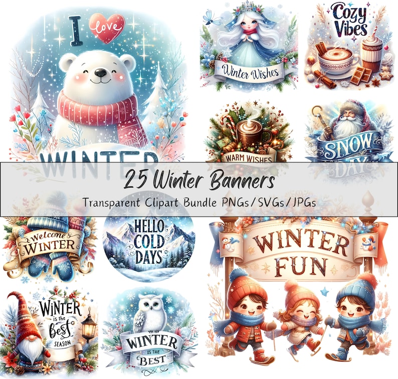 Winter Banners Clipart Bundle, Watercolor Clip Art Images, High Quality ...
